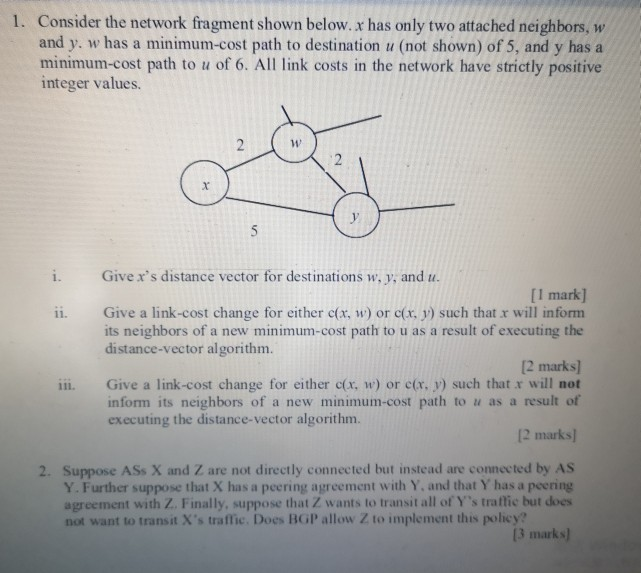 Solved 1. Consider the network fragment shown below.x has | Chegg.com