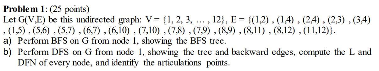 Solved Problem 1: (25 points) Let G(V,E) be this undirected | Chegg.com