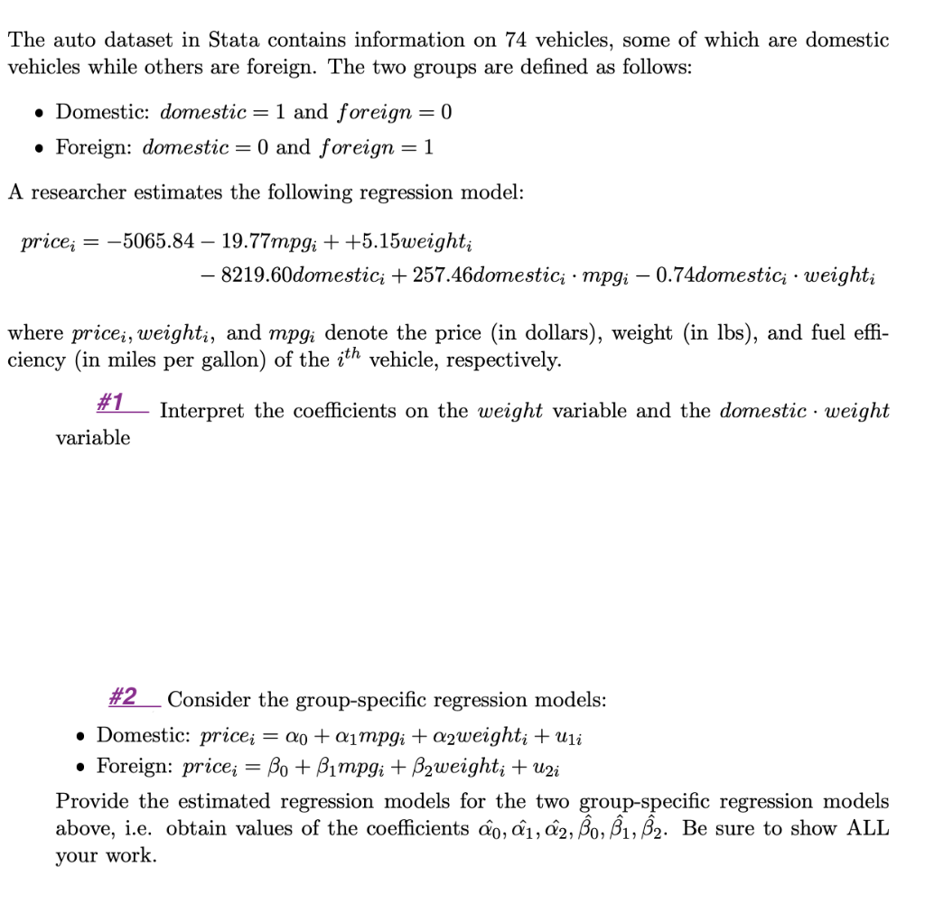 Solved The auto dataset in Stata contains information on 74 | Chegg.com
