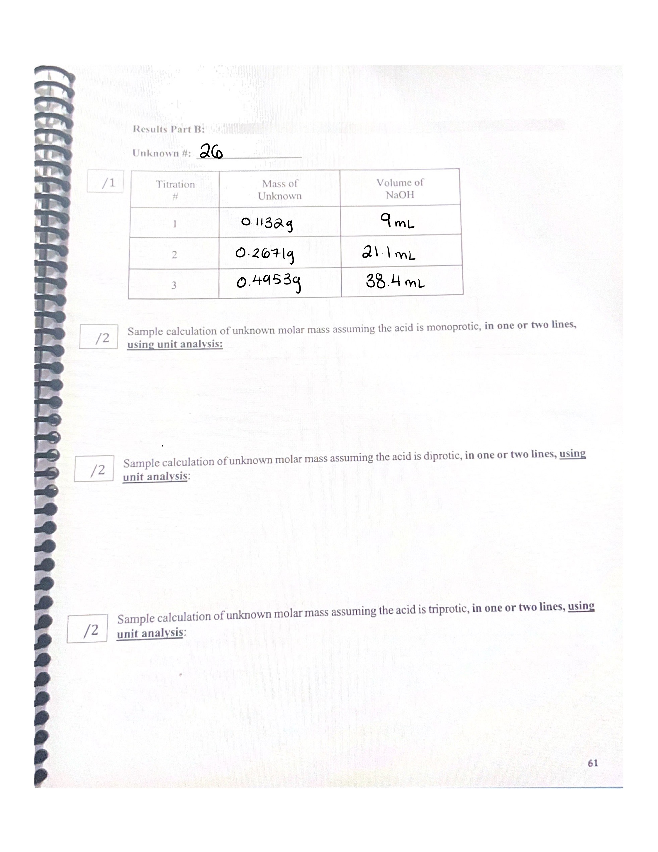 Results Part B: Unknown \#: 26 Sample calculation of | Chegg.com