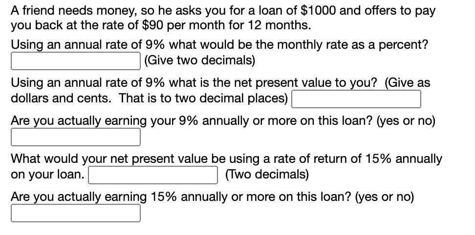Solved A friend needs money, so he asks you for a loan of | Chegg.com