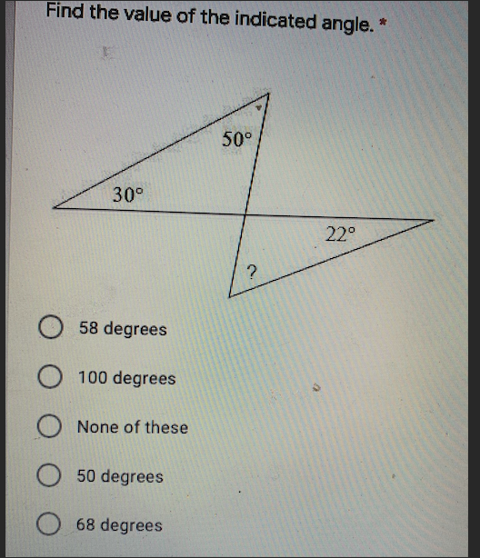 Solved Find the value of the indicated angle. * 50° 30° 22° | Chegg.com