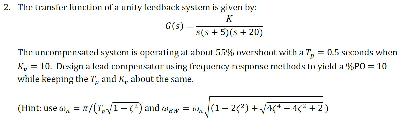 Solved 2. The transfer function of a unity feedback system | Chegg.com