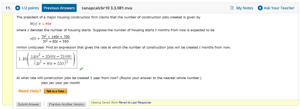 Solved 11. + 1/2 points Previous Answers tanapcalcbr10 | Chegg.com