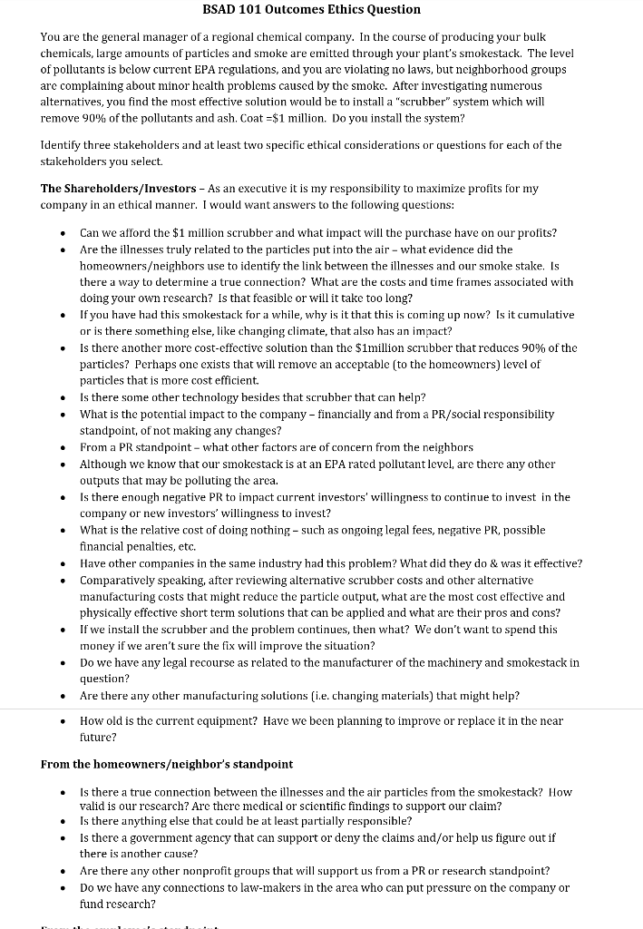 Solved BSAD 101 Outcomes Ethics Question You are the general | Chegg.com