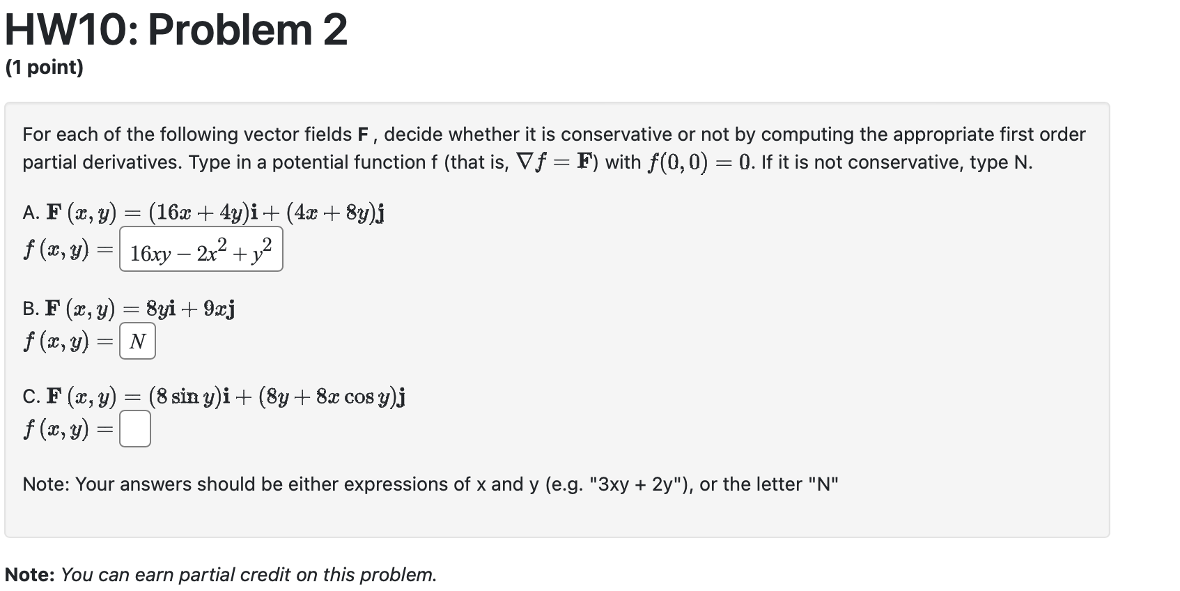Solved (1 ﻿point)For each of the following vector fields F, | Chegg.com