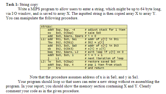 Task 1: String copy Write a MIPS program to allow | Chegg.com