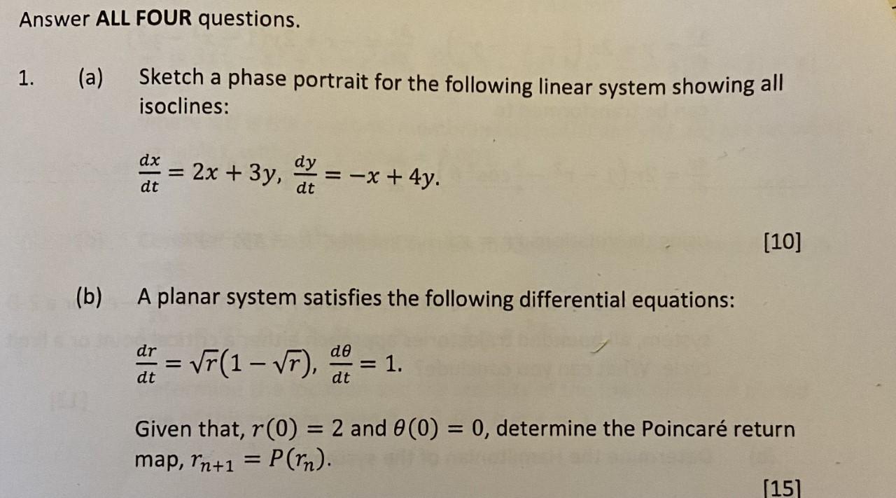Solved (a) Sketch a phase portrait for the following linear | Chegg.com