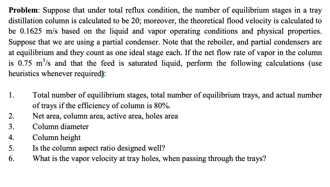 Problem: Suppose that under total reflux condition, | Chegg.com