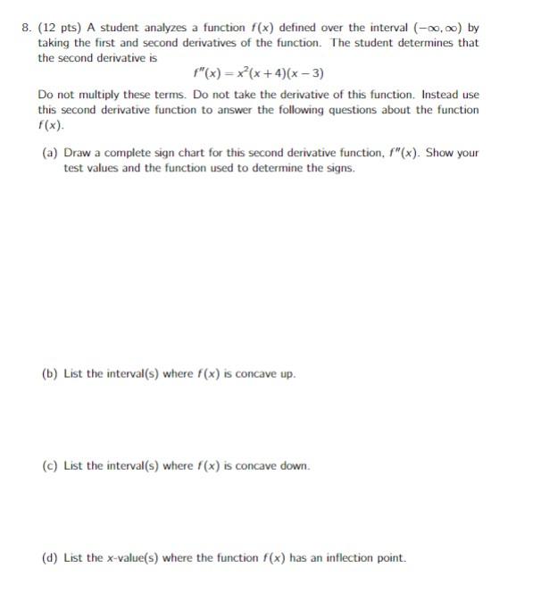Solved 8. (12 pts) A student analyzes a function f(x) | Chegg.com
