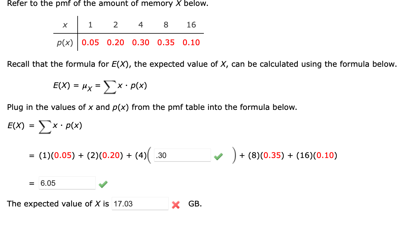 Solved Refer to the pmf of the amount of memory X below. X 1 | Chegg.com
