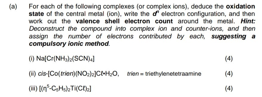 Solved For each of the following complexes (or complex | Chegg.com