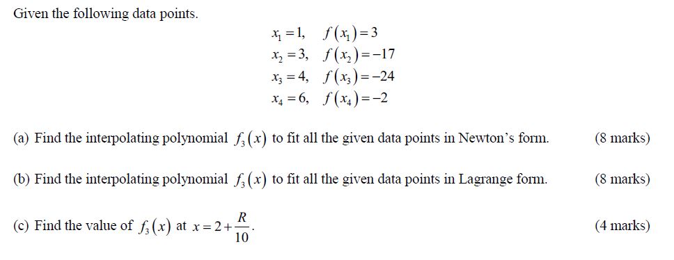Solved Given the following data points. | Chegg.com