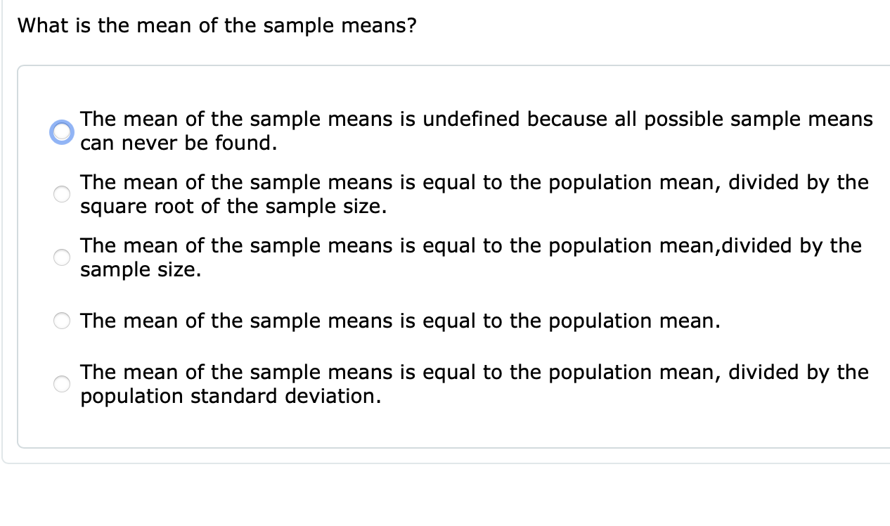 Solved What is the mean of the sample means? The mean of the | Chegg.com