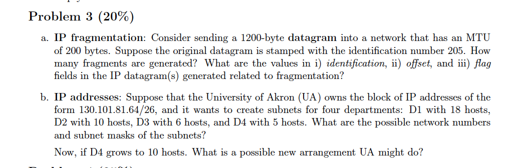 Solved Problem 3 20 A Ip Fragmentation Consider Sending 
