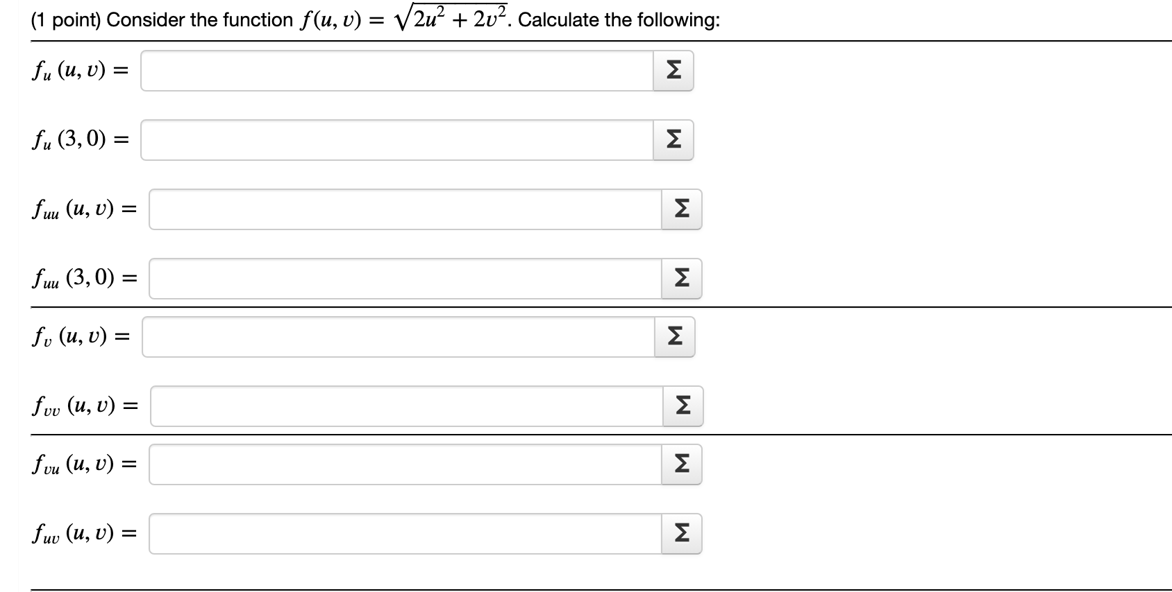 Solved (1 point) Consider the function f(u, v) = V2u? + 202. | Chegg.com