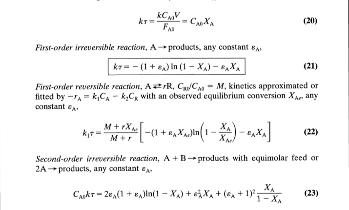 Solved kτ=kCA0VFA0=CA0xAFirst-order irreversible reaction, | Chegg.com