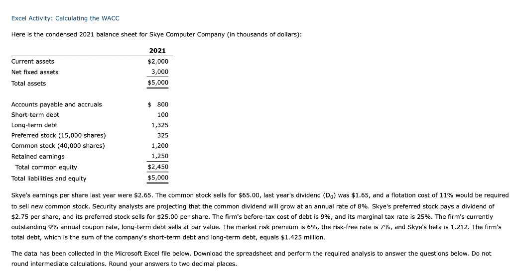 Solved Excel Activity: Calculating the WACC Here is the | Chegg.com