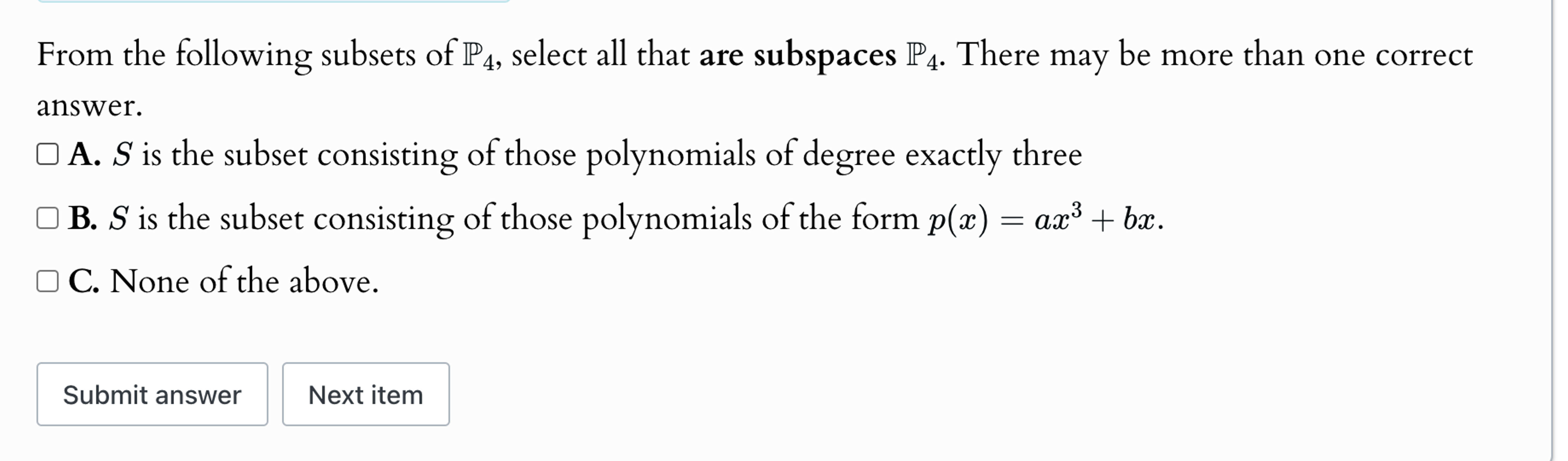 Solved From the following subsets of P4, ﻿select all that | Chegg.com