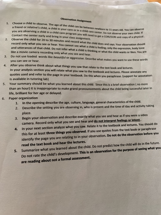 Solved Observation Assignment a child to observe. The age of | Chegg.com