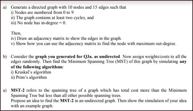 Solved a) Generate a directed graph with 10 nodes and 15 | Chegg.com