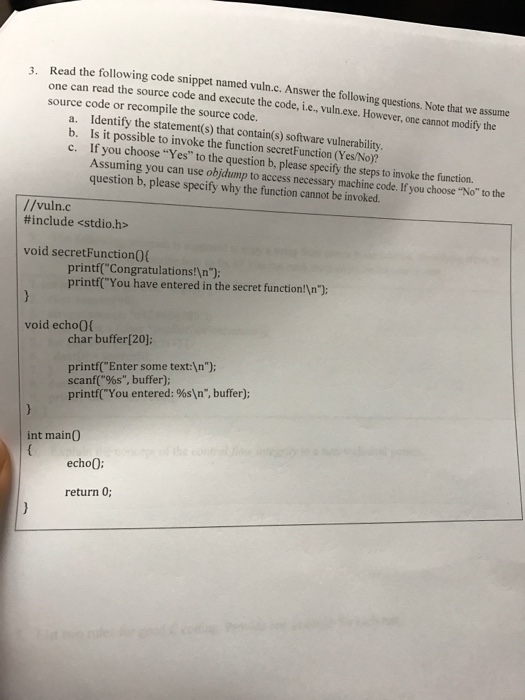 Solved Read the following code snippet named vuln.c. Answer | Chegg.com