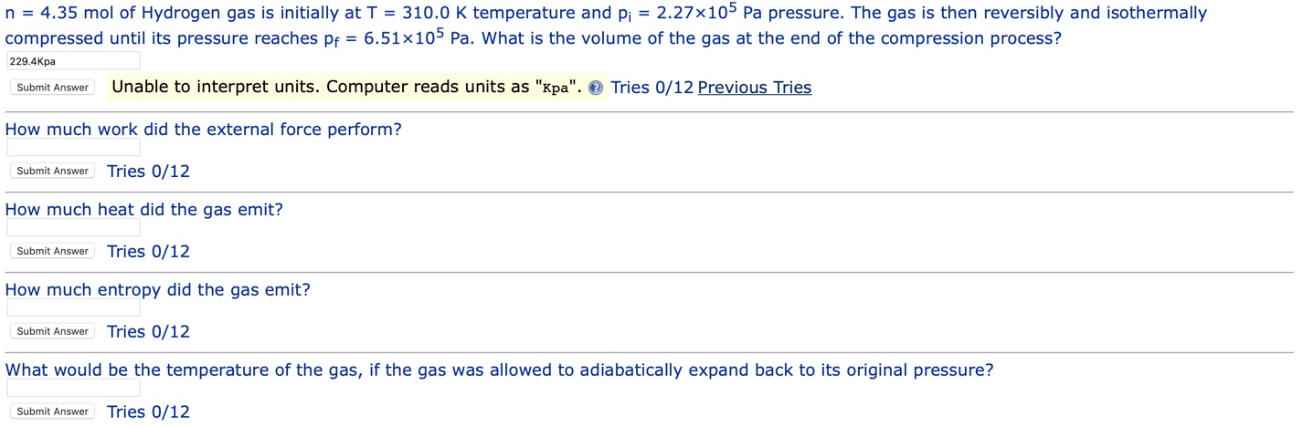 Solved n = 4.35 mol of Hydrogen gas is initially at T = | Chegg.com