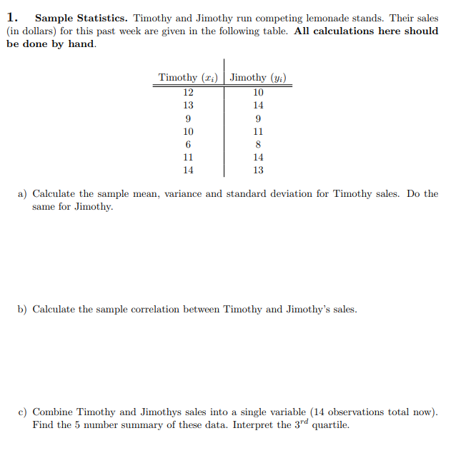 Solved 1. Sample Statistics. Timothy and Jimothy run | Chegg.com