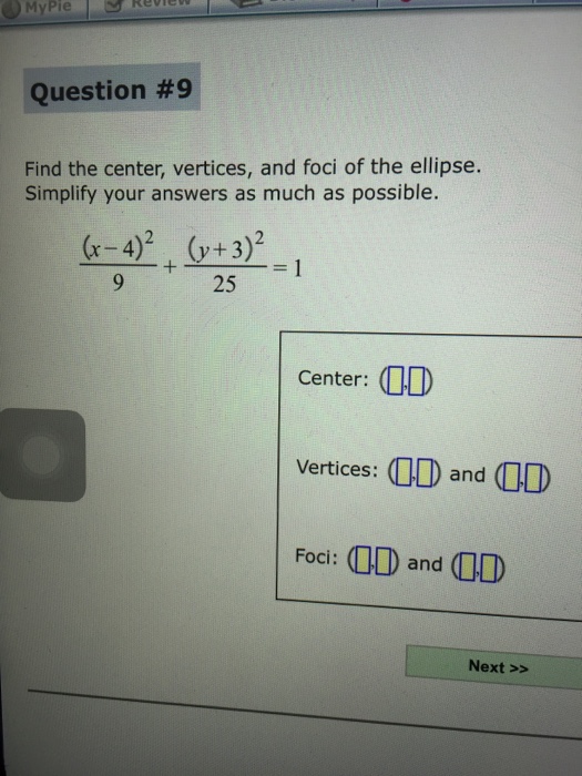 Solved Find the center, vertices, and foci of the ellipse. | Chegg.com