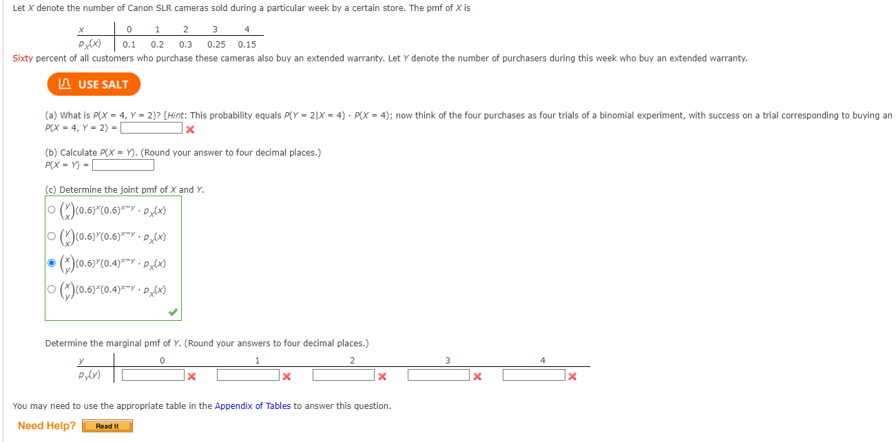Solved P(X=4,Y=2)= (b) Calculate P(X=Y). (Round your answer | Chegg.com