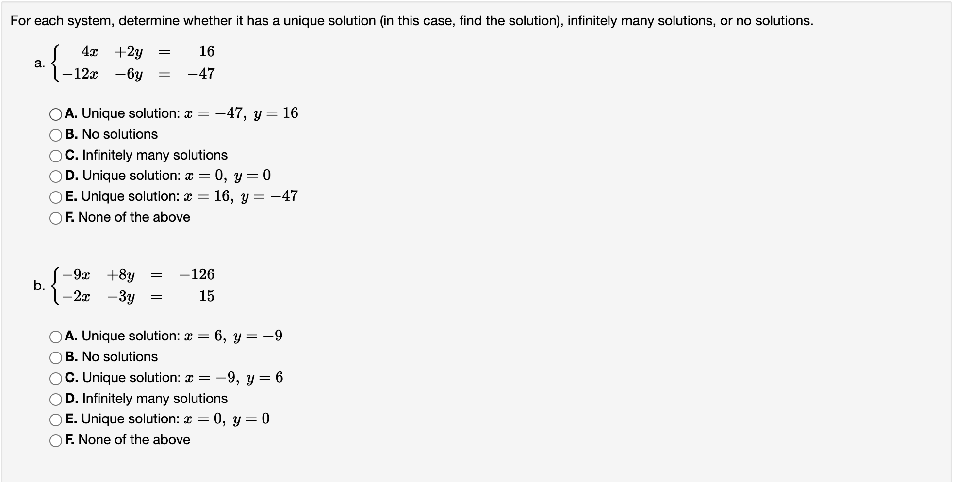 Solved For each system, determine whether it has a unique | Chegg.com