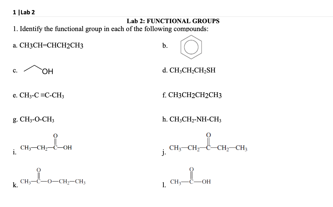 Solved 1 Lab 2 Lab 2: FUNCTIONAL GROUPS 1. Identify the | Chegg.com