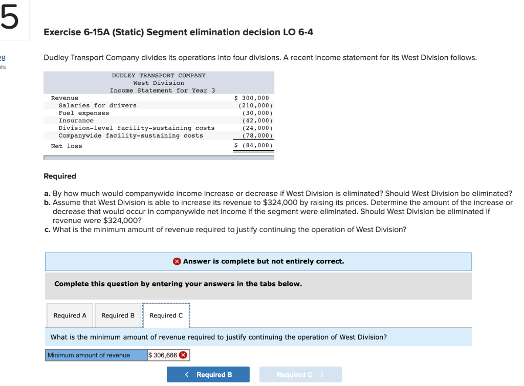 Solved 5 Exercise 6-15A (Static) Segment elimination | Chegg.com