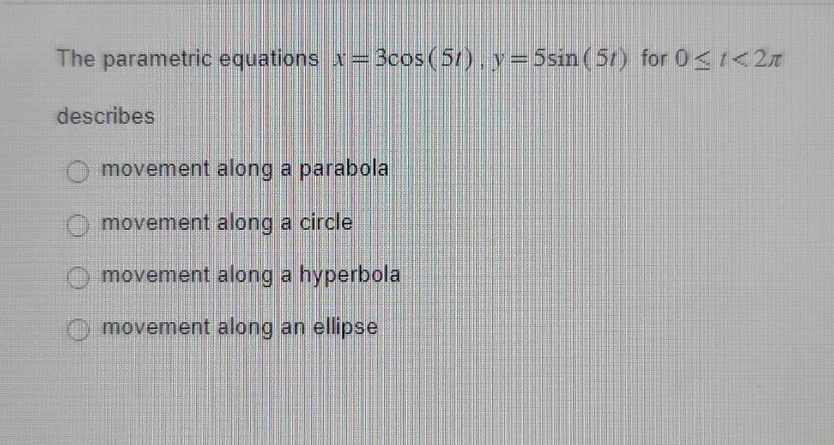 Solved The parametric equations x=3cos(5t),y=5sin(5t) for | Chegg.com