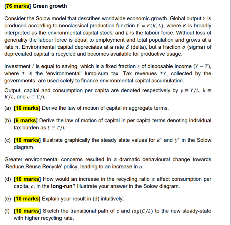 [76 marks] Green growth Consider the Solow model that | Chegg.com