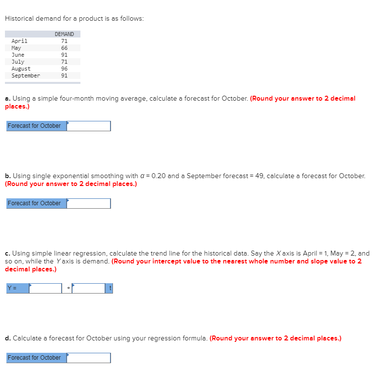 Solved Historical demand for a product is as follows: DEMAND | Chegg.com