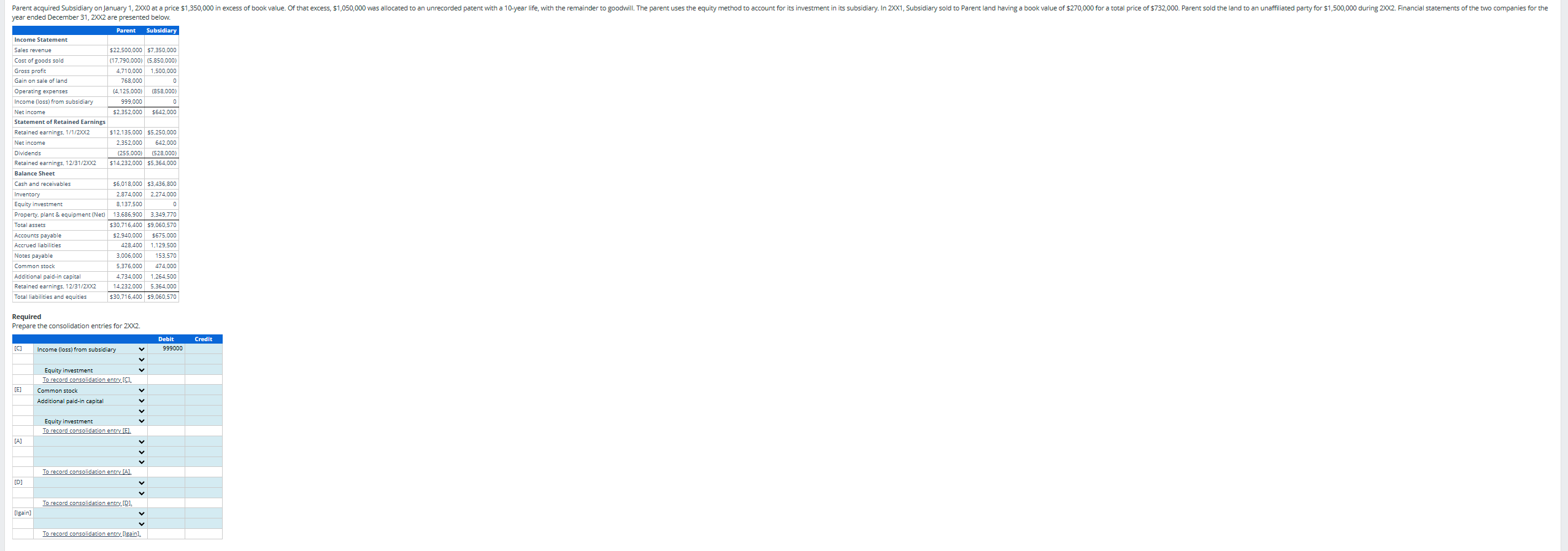Solved Parent acquired Subsidiary on January 1, 2XX0 ﻿at a | Chegg.com