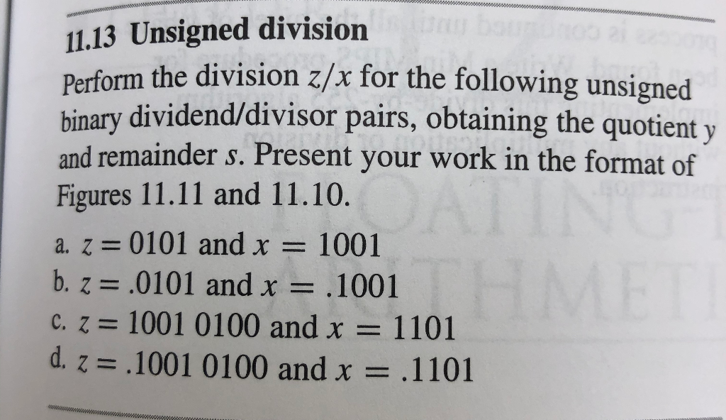 Solved 11.13 Unsigned division Perform the division z/x for | Chegg.com