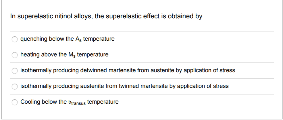 Solved In superelastic nitinol alloys, the superelastic | Chegg.com