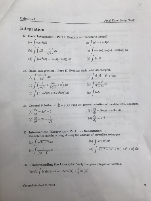 Solved Calculus I Final Ezam Study Guide Integration 82. | Chegg.com