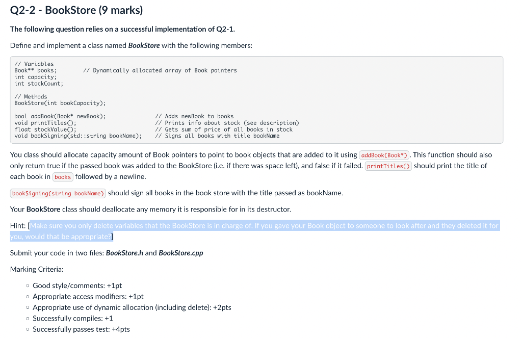 Solved Q2-2 - BookStore (9 marks) The following question | Chegg.com
