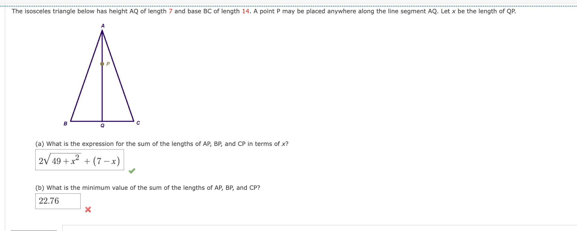 Solved The isosceles triangle below has height AQ of ﻿length | Chegg.com