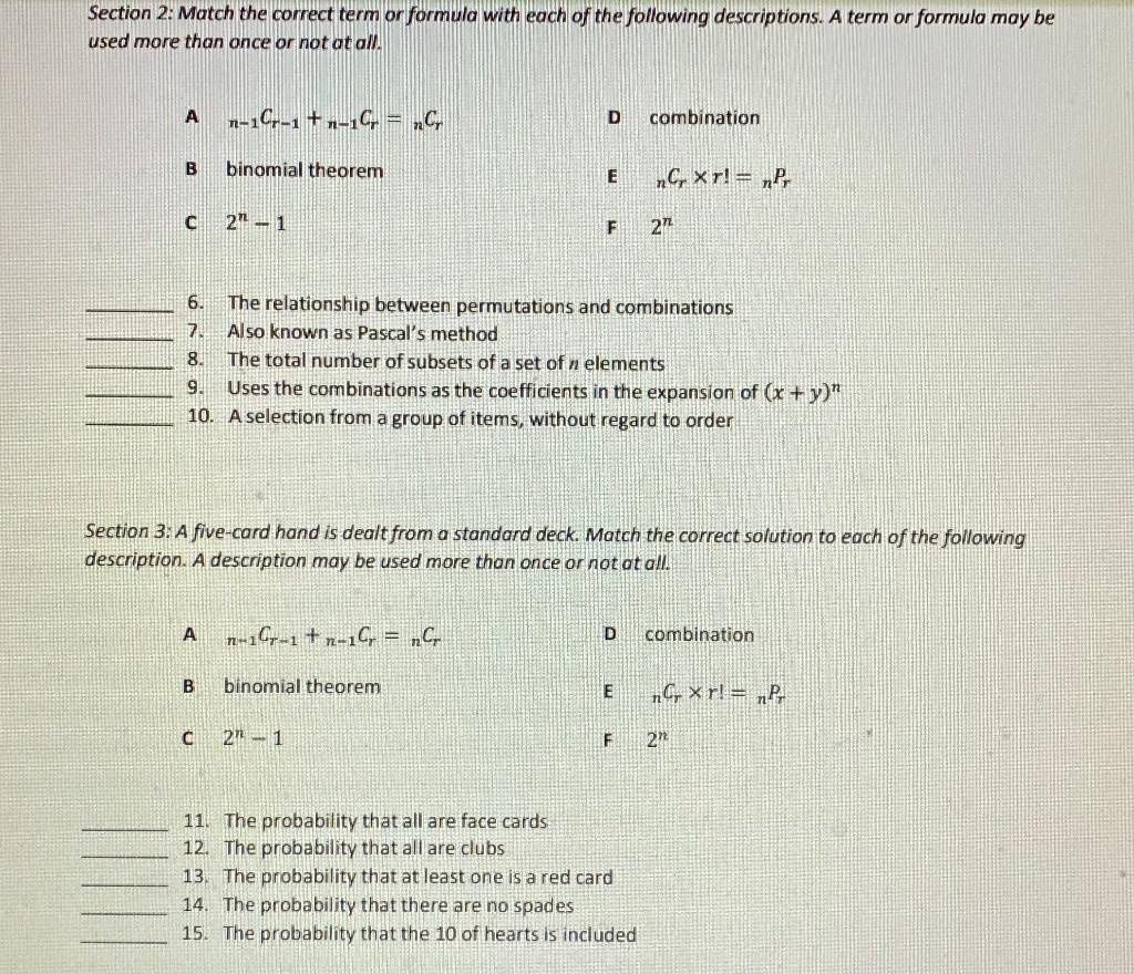 Solved Section 2: Match the correct term or formula with | Chegg.com