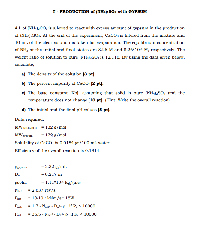 Solved T - PRODUCTION of (NH4)2SO4 with GYPSUM 4 L of | Chegg.com