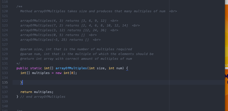 Solved /** Method arrayofMultiples takes size and produces | Chegg.com