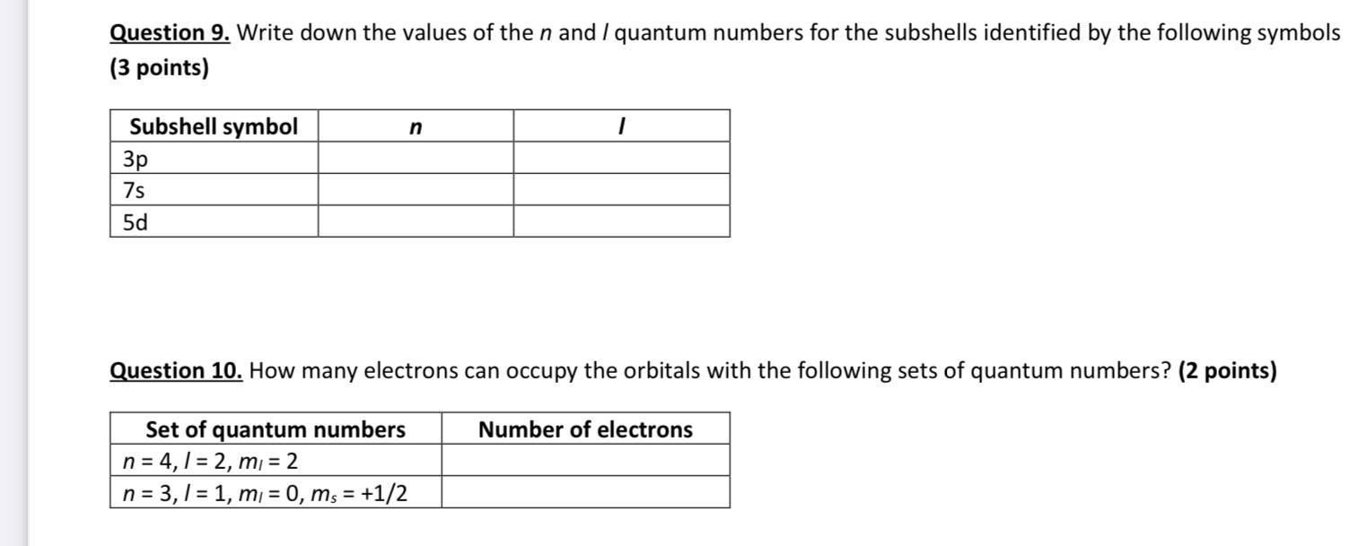Solved Question 9. Write down the values of the n and I | Chegg.com