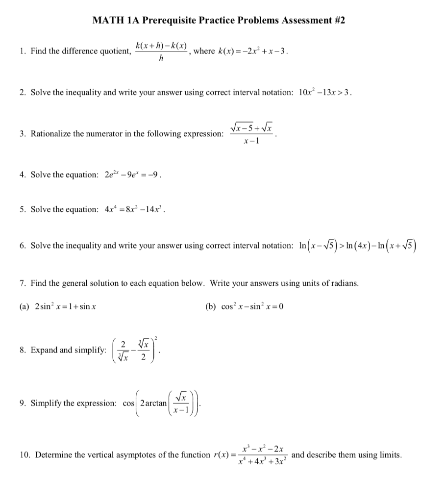 Solved MATH 1A Prerequisite Practice Problems Assessment #2 | Chegg.com