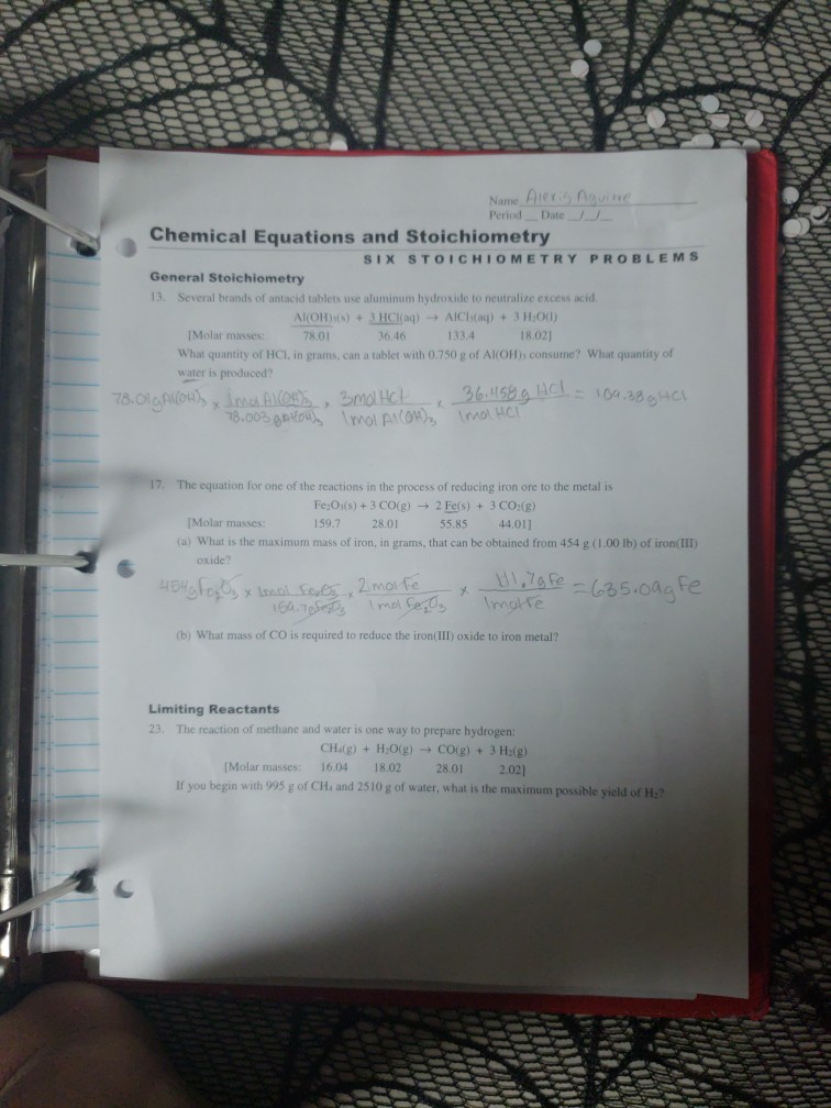 Solved Period Date Chemical Equations and Stoichiometry | Chegg.com