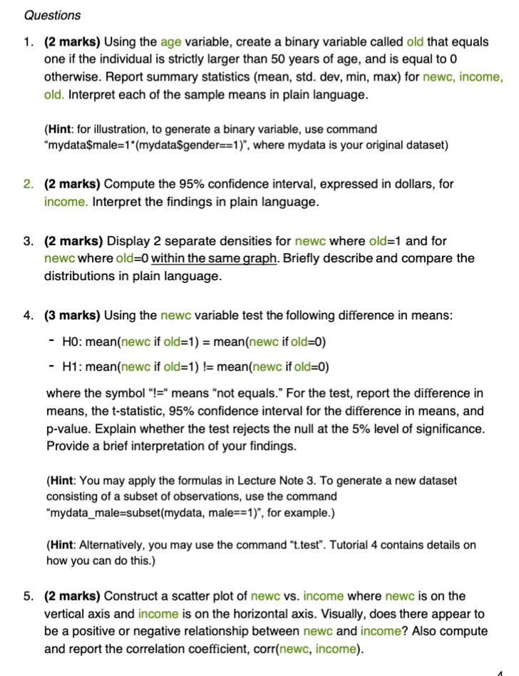 Solved Questions 1. (2 marks) Using the age variable, create | Chegg.com