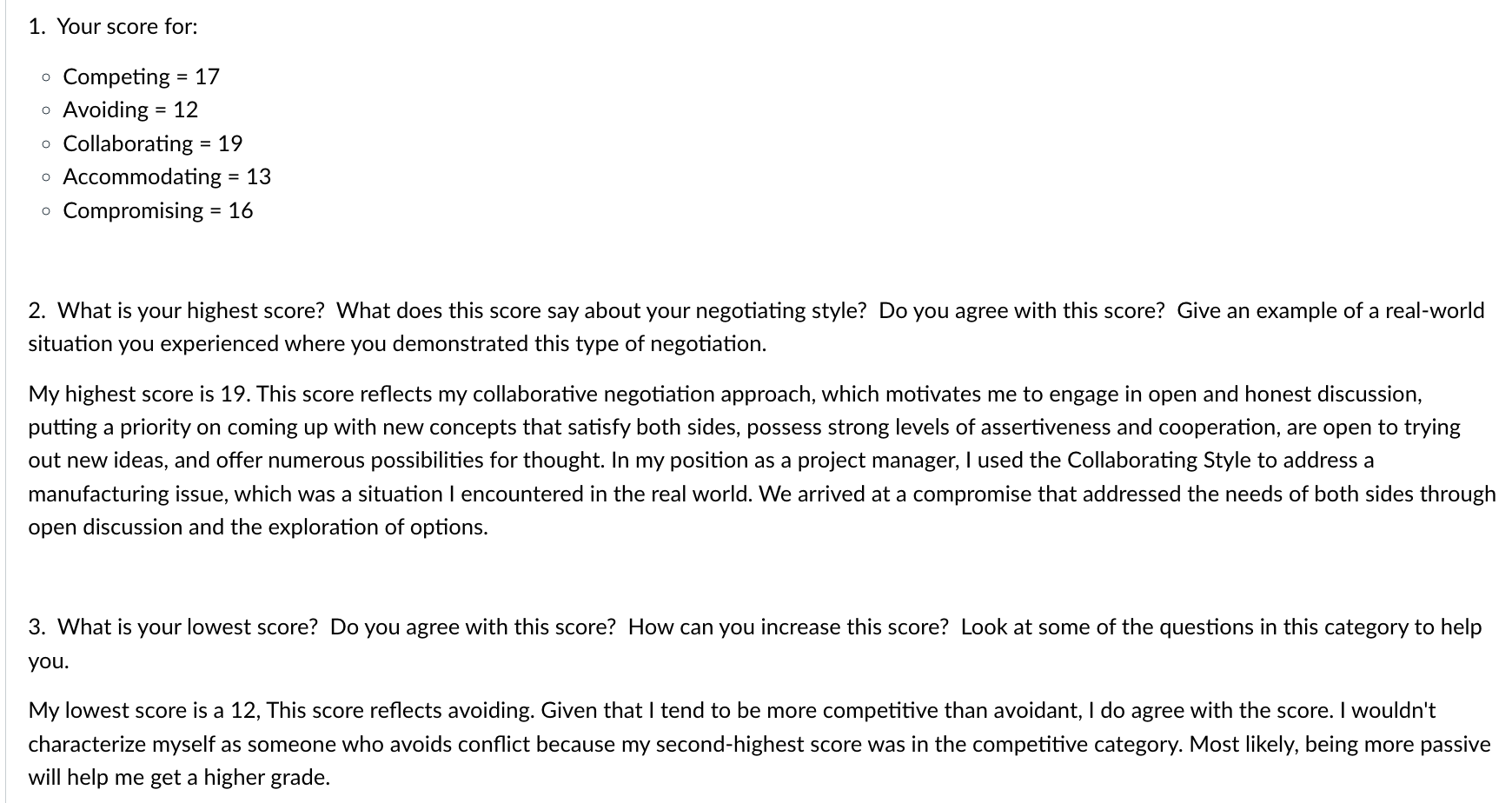 Solved 1. Your score for: - Competing =17 - Avoiding = 12 - | Chegg.com
